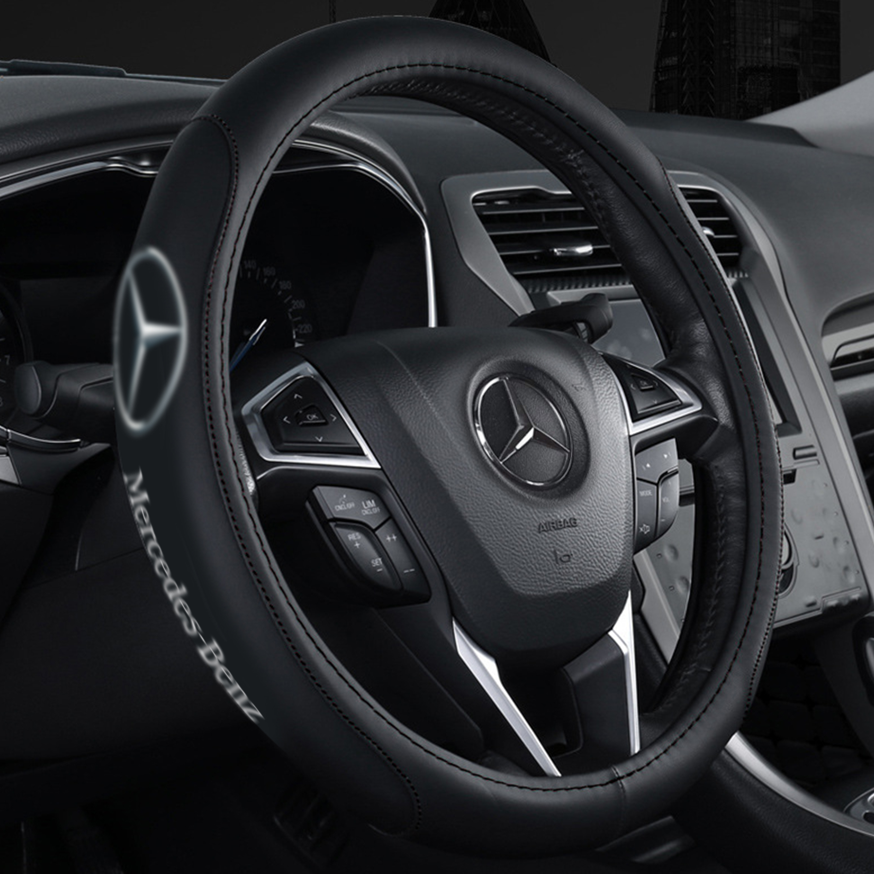 Mercedes Benz Logo Car Leather Steering Wheel Cover Anti-slip O/D Shape ...